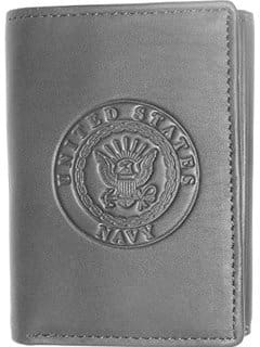 Genuine Leather Men's Tri-Fold Wallet - Embossed US Navy Logo - Black ...